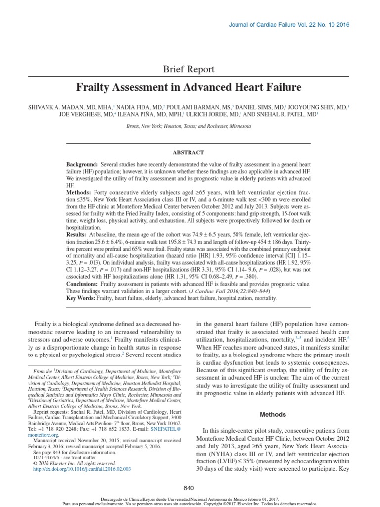 Frailty Assessment in Advanced Heart Failure | Ejection Fraction ...