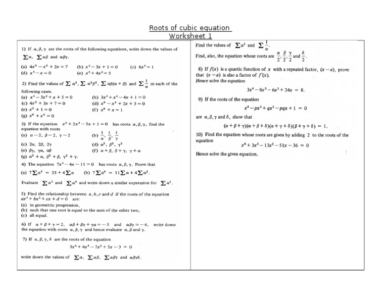 Roots of Cubic Equation Worksheet 1 | PDF