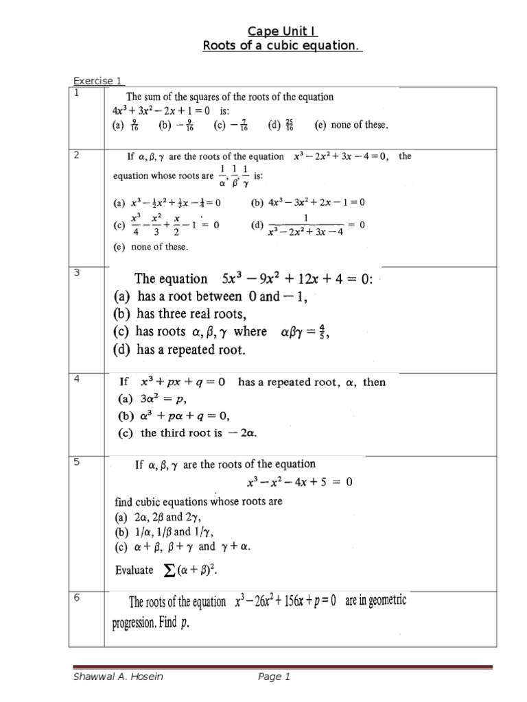 Cape Unit I Roots of A Cubic Equation.: Exercise 1 1 | PDF