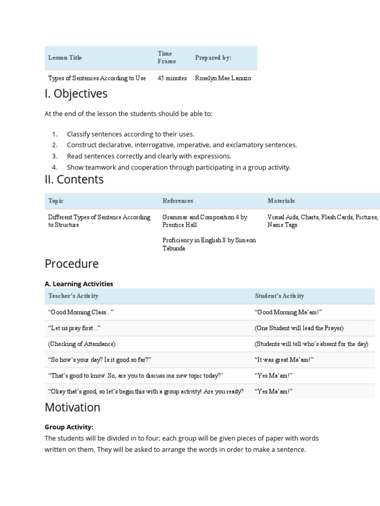 Detailed Lesson Plan | PDF | Sentence (Linguistics) | Lesson Plan