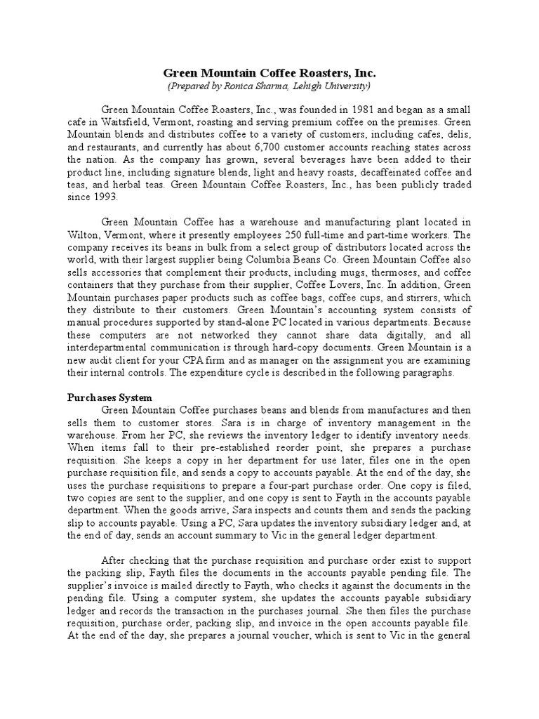 Green Mountain Coffee Roasters, Inc.: (Prepared by Ronica Sharma ...