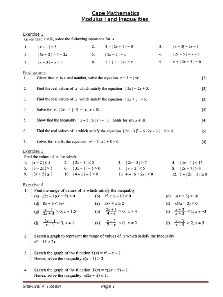Modulus Functions And Inequalities A Guide To Solving Exercises On Cape Mathematics Topics