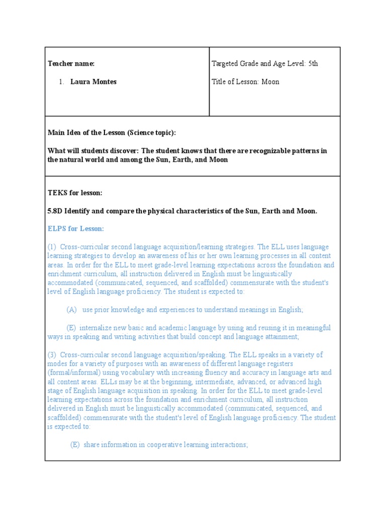 Moon Lesson Plan for 5th Grade | PDF | Second Language Acquisition | Oxygen