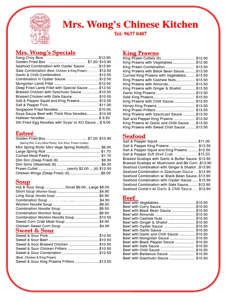 Mrs Wong's Chinese Kitchen Menu | PDF | Curry | Prepared Foods