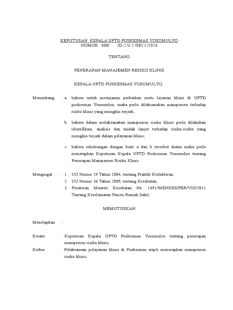 Sk Penerapan Manajemen Resiko Klinis Pdf