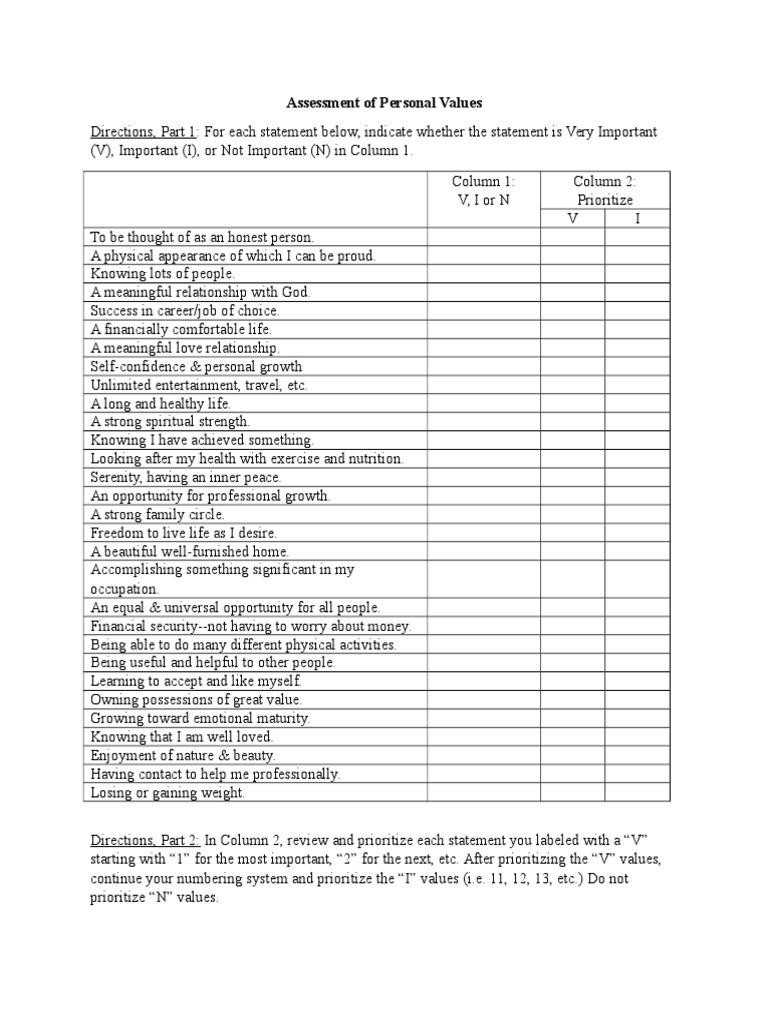 Values Assessment 1 | PDF | Physical Exercise | Self Esteem