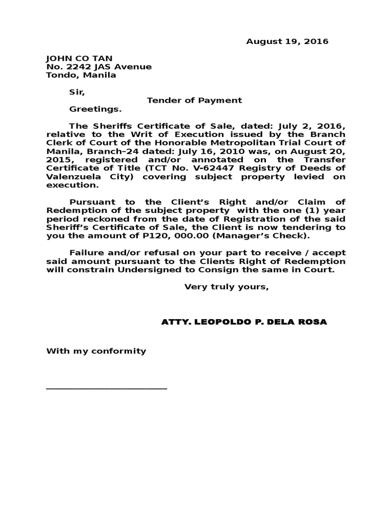 Tender of Payment and Redemption Notice | PDF | Law | Home & Garden