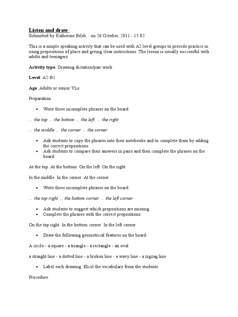 Listen and Draw: Activity Type: Drawing Dictation/Pair Work Level: A2 ...