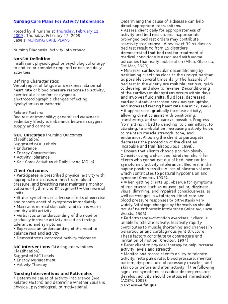 Nursing Care Plans For Activity Intolerance | PDF | Physical Exercise ...