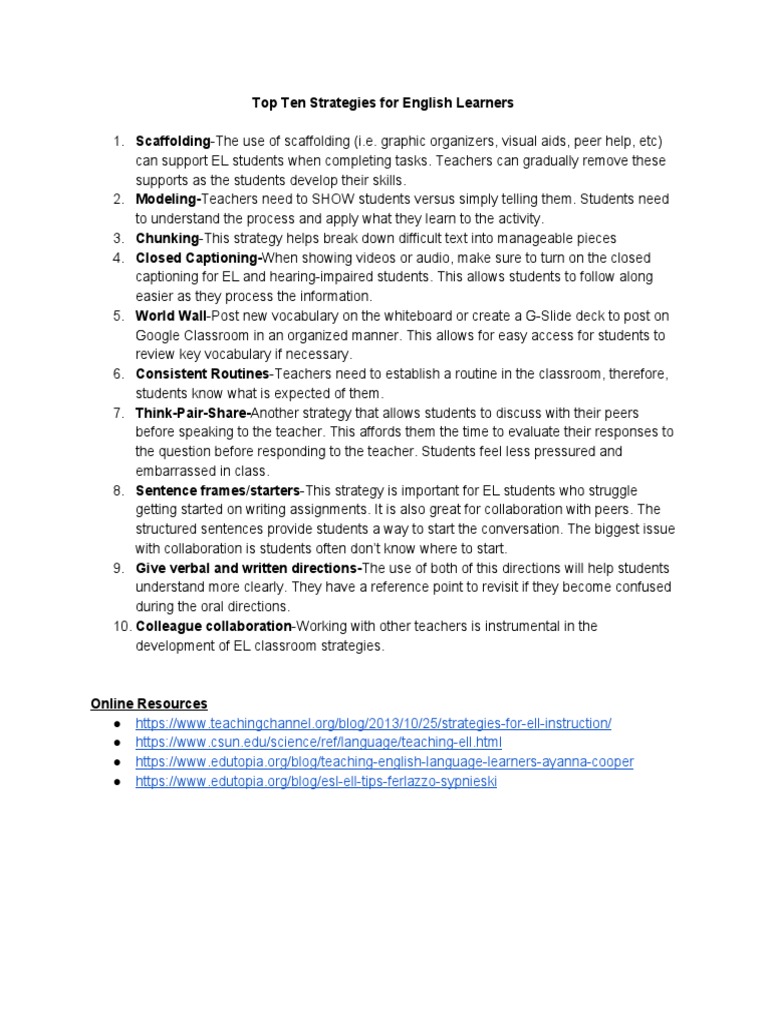 Top Ten Strategies For English Learners | PDF