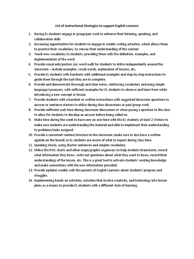 List of Instructional Strategies For El Students | PDF