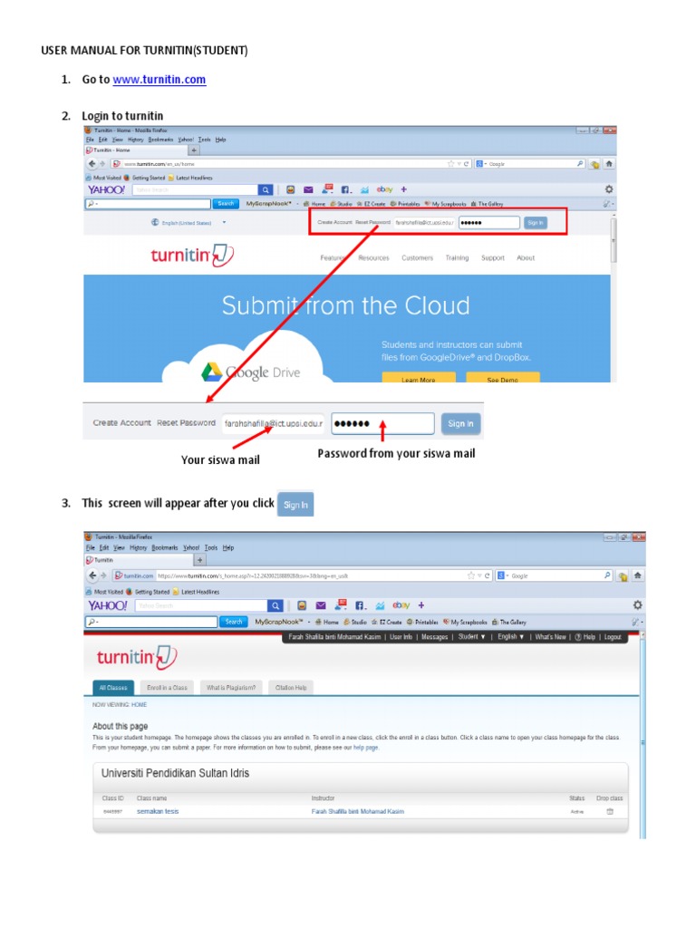 User Manual For Turnitin (Student) 1. Go To 2. Login To Turnitin | PDF | Computers