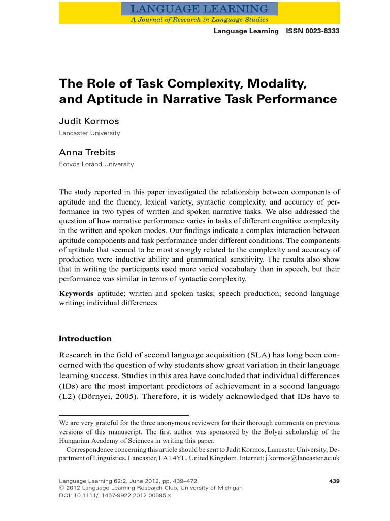 Speaking Task Complexity Modality And Aptitude In Narrative Task Performance Pdf Second