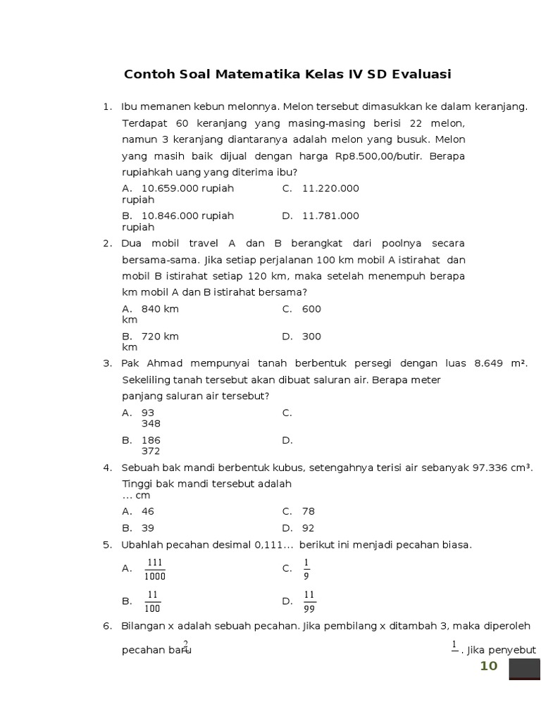 13 Contoh Soal Matematika Kelas IV SD Evaluasi | PDF