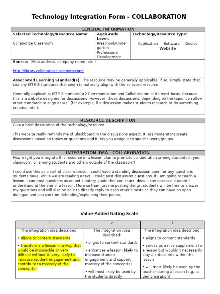 Technology Integration Template-Collaboration | PDF | Teaching ...