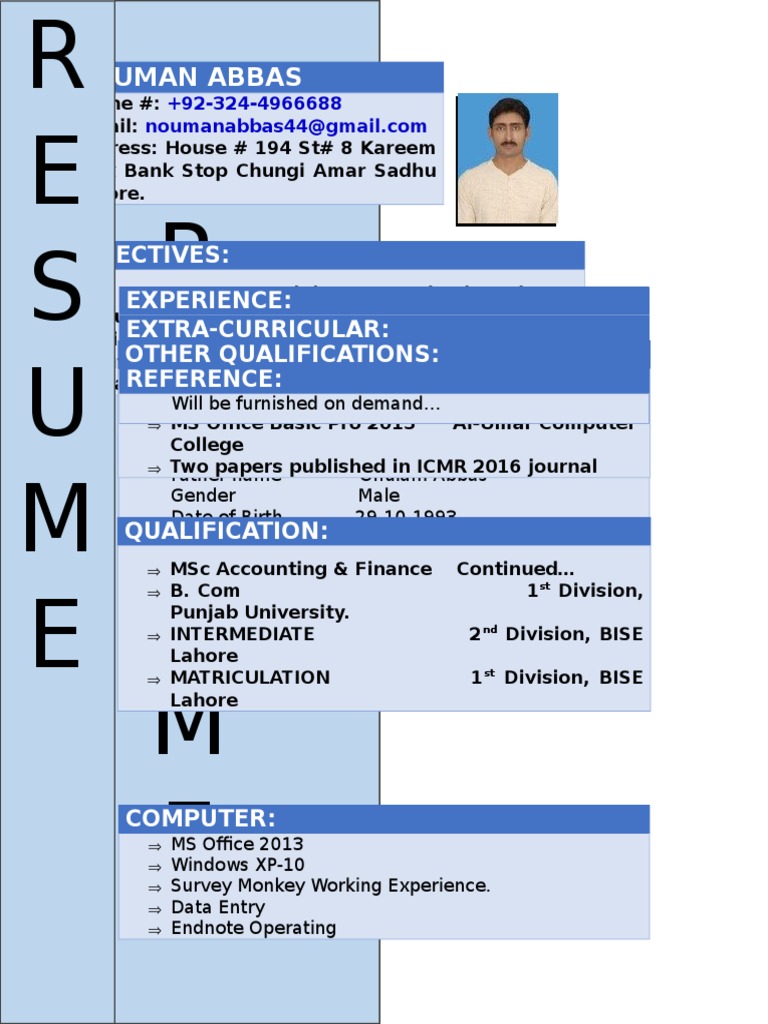 Nouman Abbas: Objectives: Experience: Extra-Curricular: Other ...