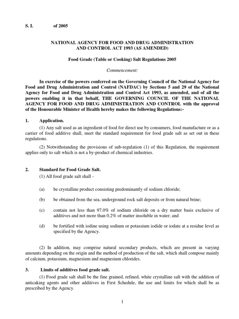 Food Grade Table - Cooking Salt Regulations 2005 | PDF | Sodium ...