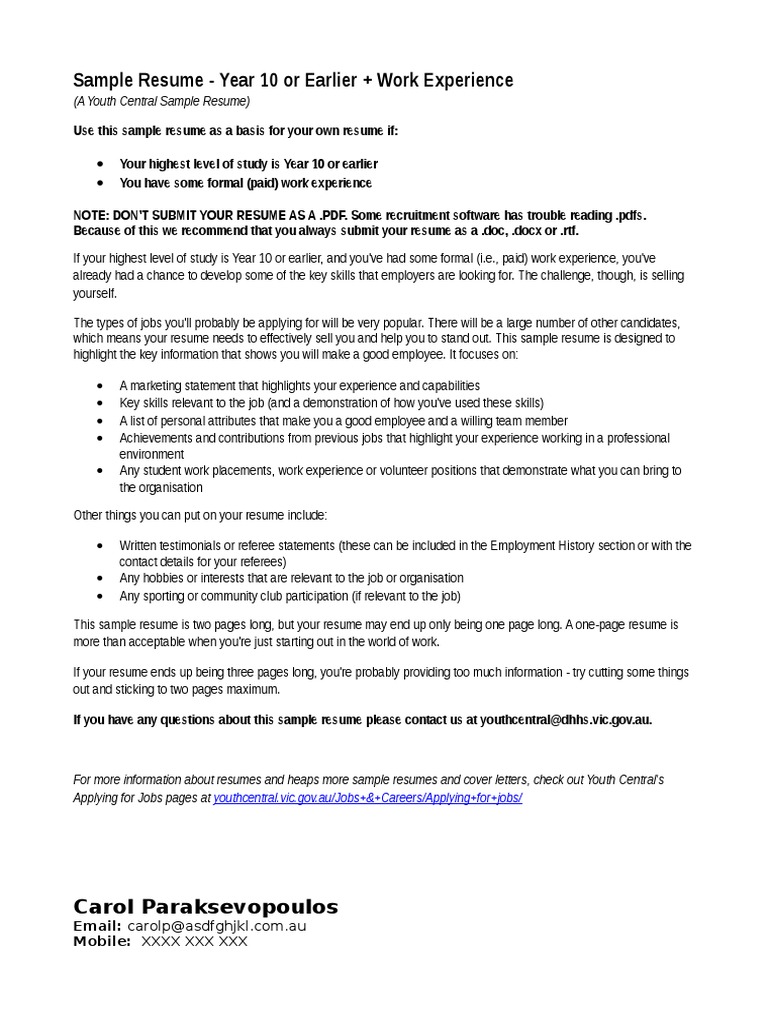 Sample Resume - Year 10 or Earlier + Work Experience | PDF | Career ...