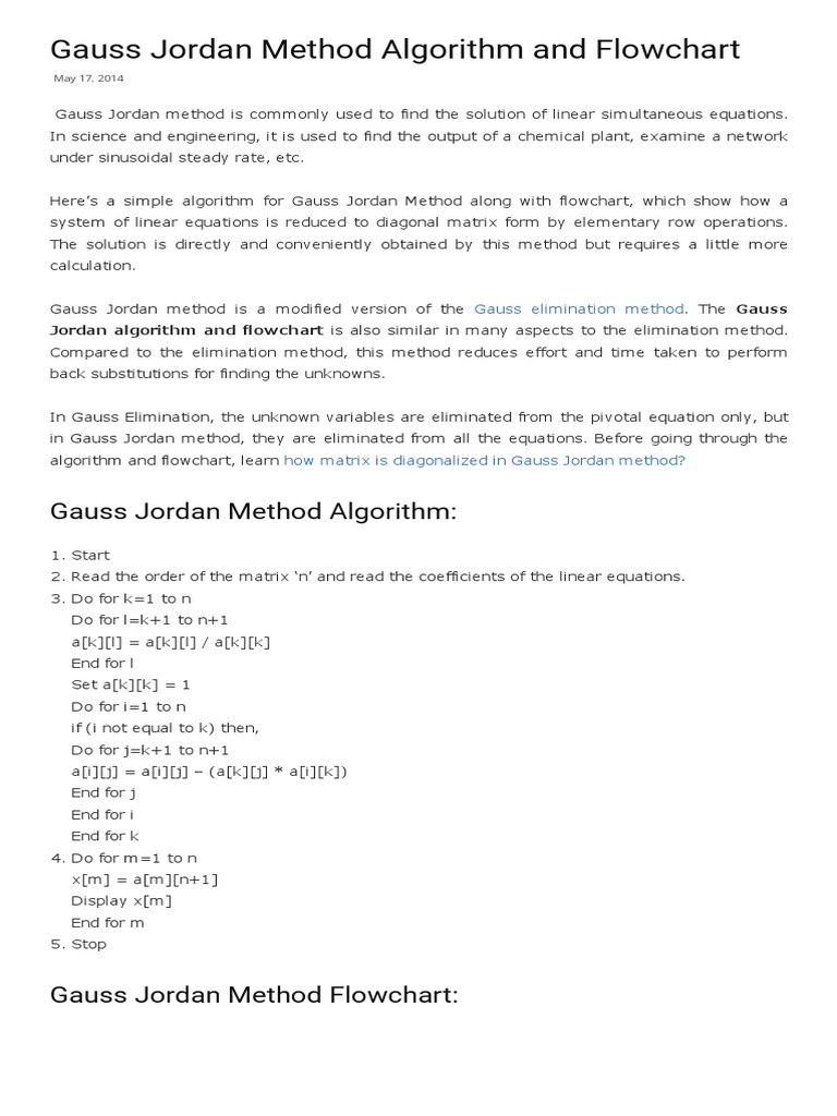Gauss Jordan Method Algorithm and Flowchart - Code With C PDF | PDF Gauss Jordan Method Algorithm and Flowchart - Code With C PDF | PDF
