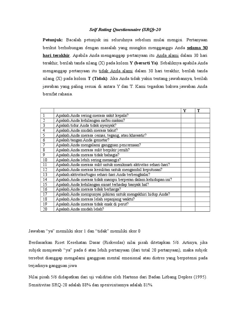 Self Rating Questionnaire SRQ 20 | PDF