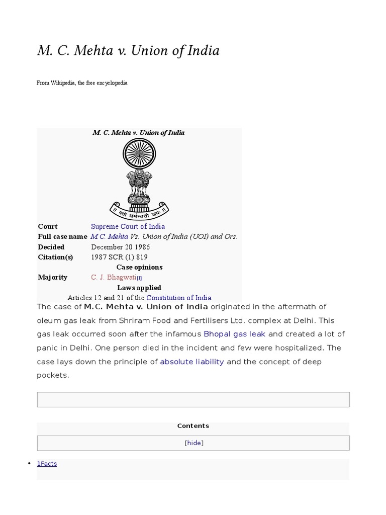 M. C. Mehta v. Union of India | PDF | Justice | Crime & Violence