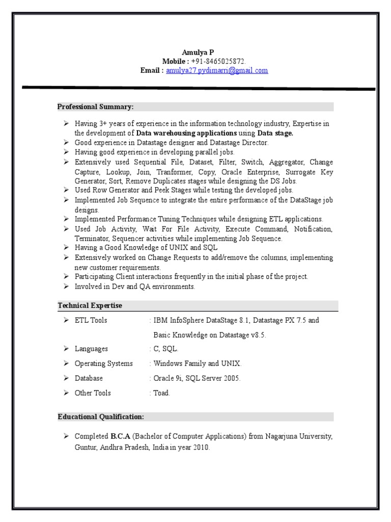 Amulya Datastag Resume Pdf Computer Engineering Information