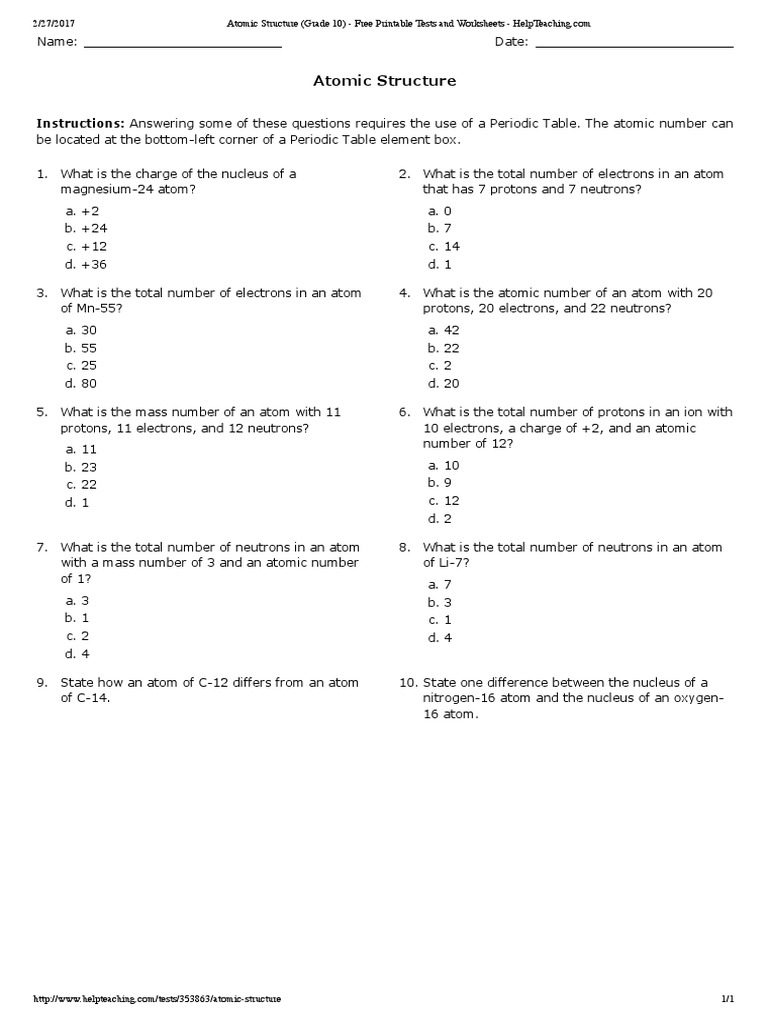 Atomic Structure (Grade 10) Test | PDF | Atoms | Proton