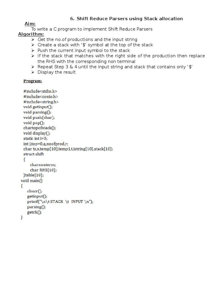Shift Reduce Parsers Using Stack Allocation | PDF