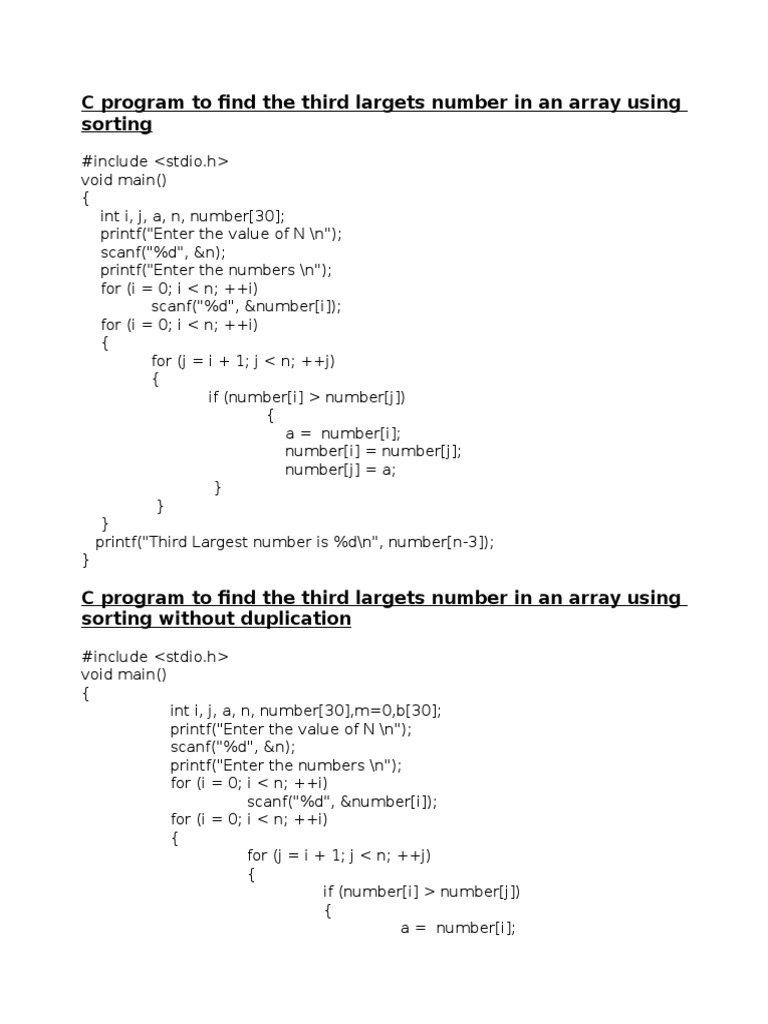 C Program To Find The Third Largets Number in An Array Using Sorting | PDF | Computer ...