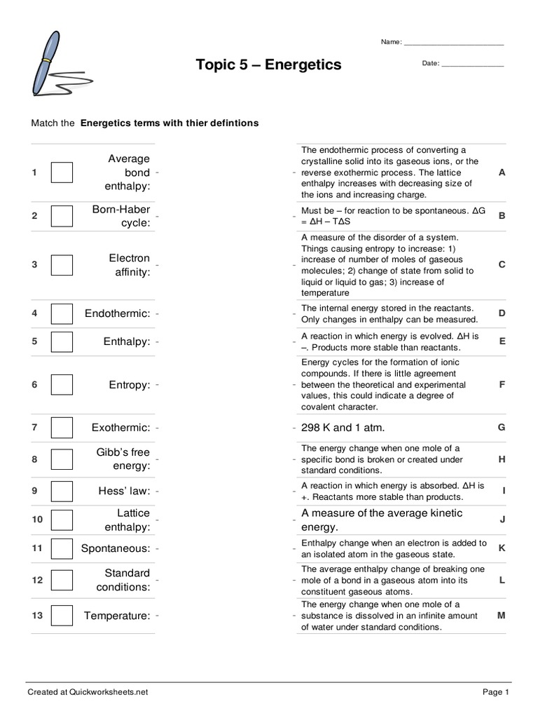 Ib Energetics Starter - Key Words | PDF