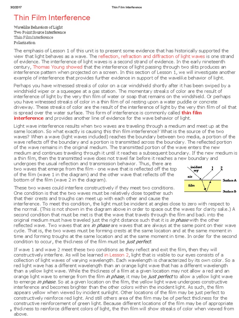 Thin Film Interference | PDF | Interference (Wave Propagation) | Waves