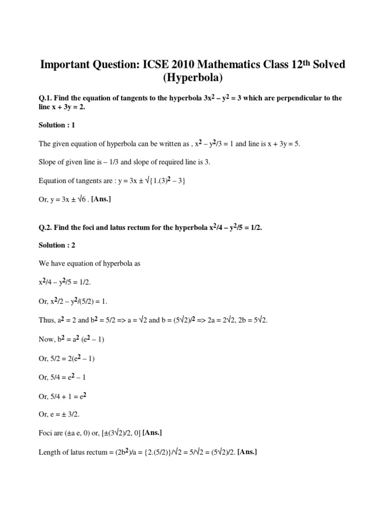 Important Question: ICSE 2010 Mathematics Class 12 Solved (Hyperbola ...