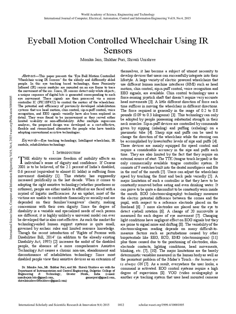 Eyeball Motion Controlled Wheelchair Using IR Sensors | PDF | Pic ...