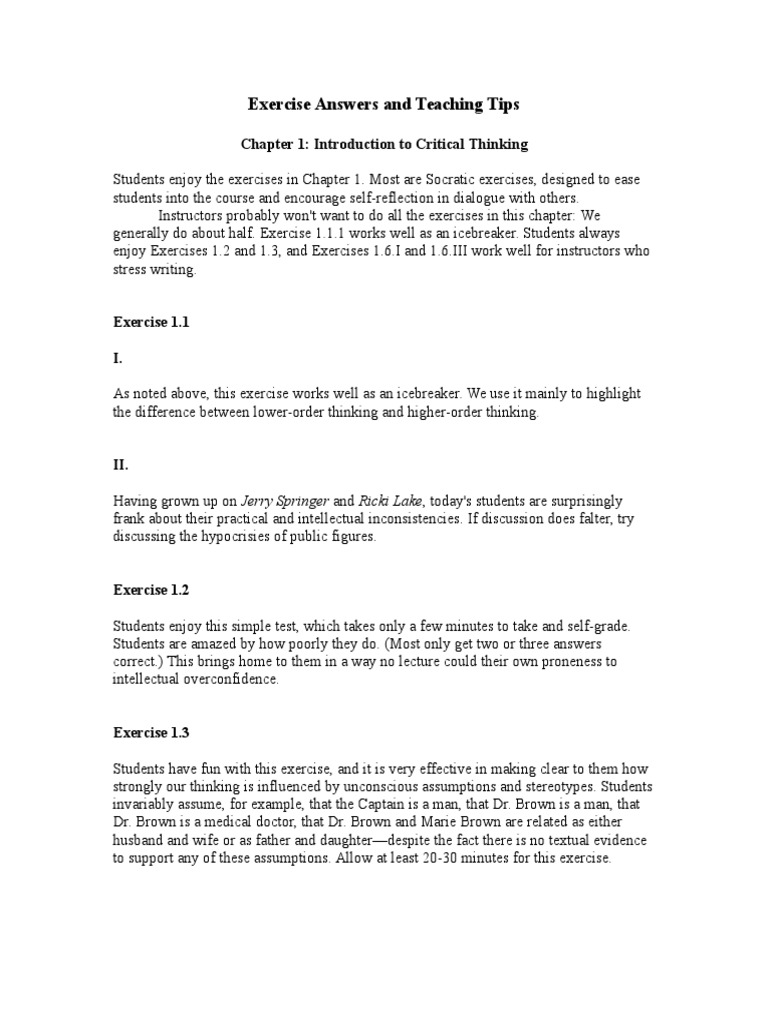 Exercise Answers and Teaching Tips: Chapter 1: Introduction To Critical ...