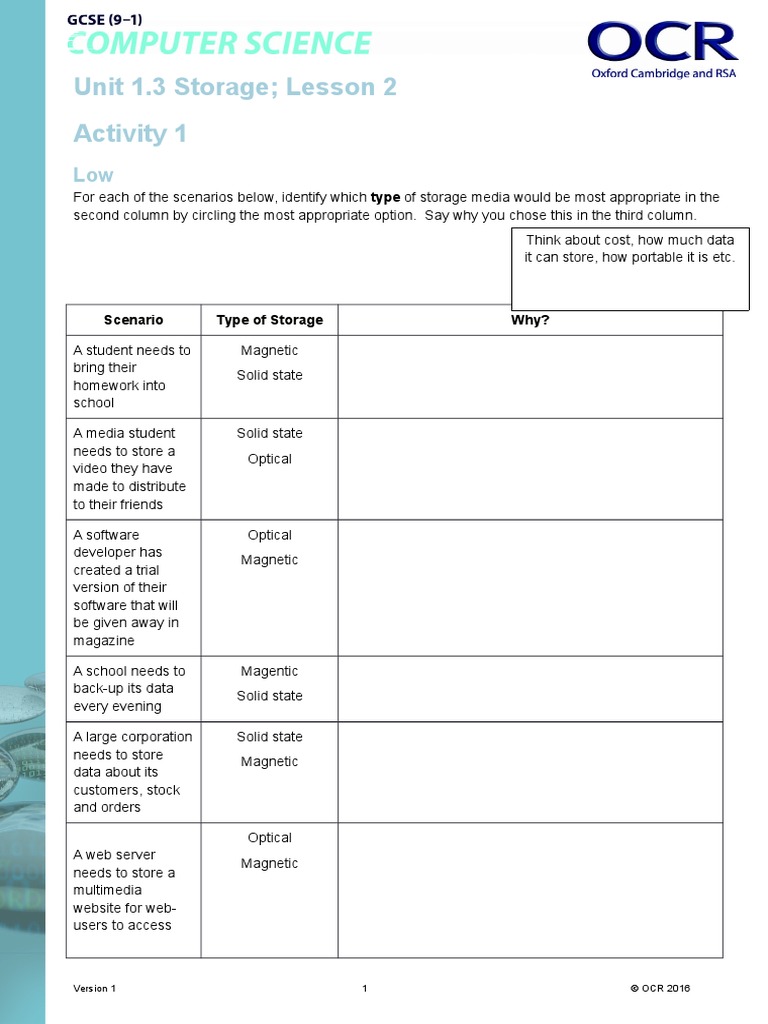 Unit 1.3 Storage Lesson 2 Activity 1: Scenario Type of Storage Why ...