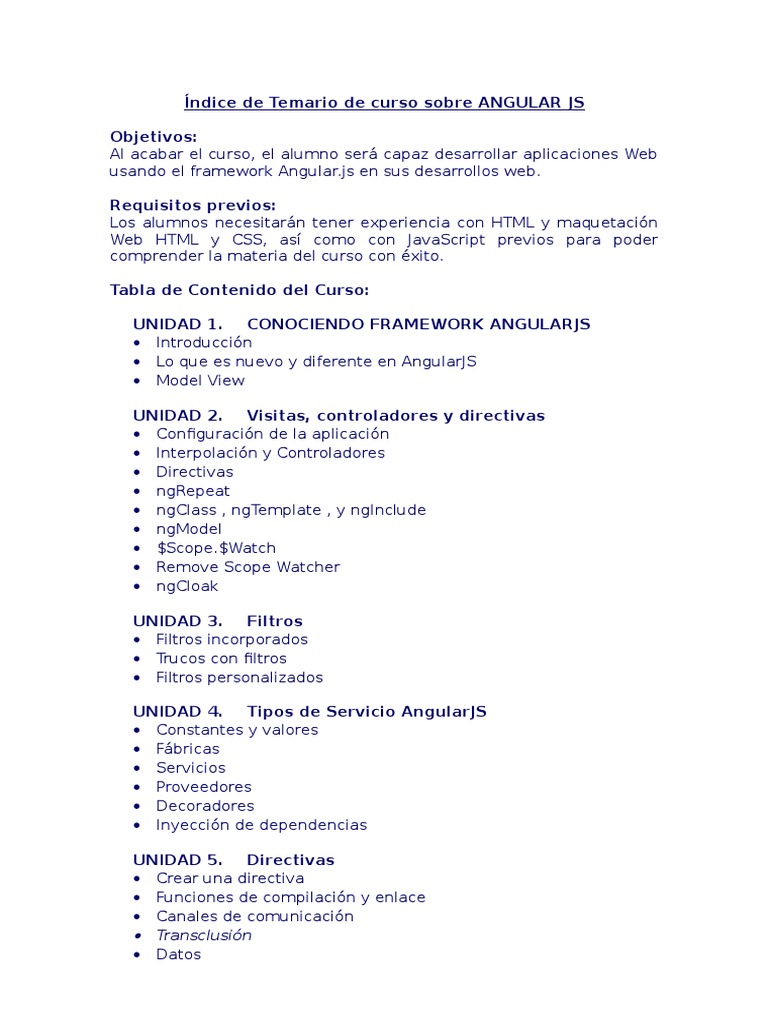 Indice de Temario de Curso Sobre ANGULAR JS | PDF