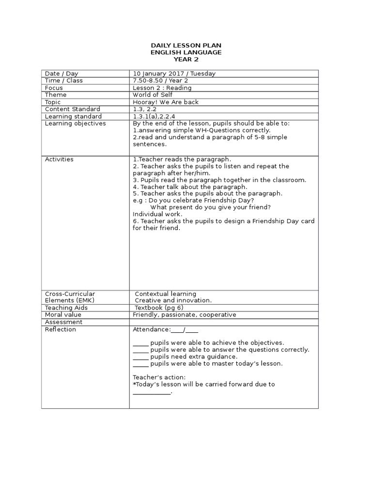 Year 2 English Lesson Plan | PDF