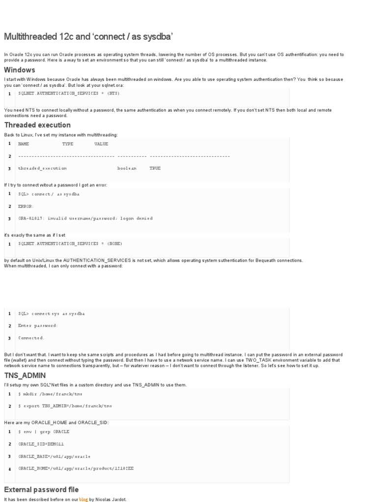 12c Beq Connection As Sysdba PDF | PDF | Oracle Database | Thread (Computing)