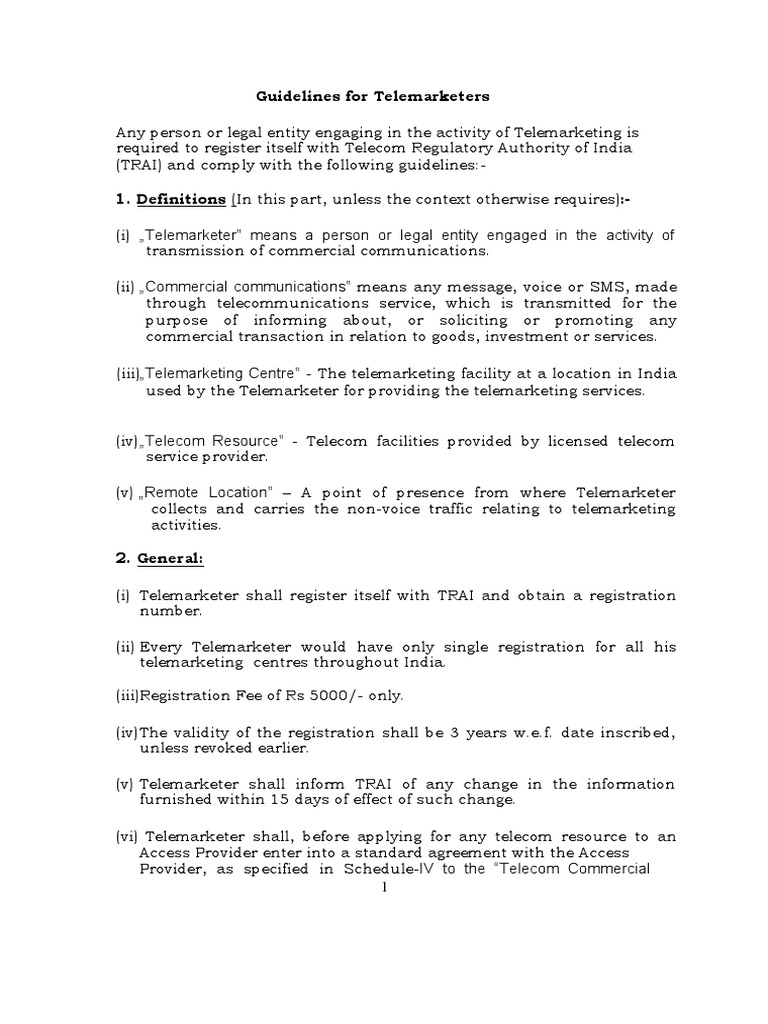 TRAI Telemarketer Registration Guidelines | PDF | Telecommunication ...