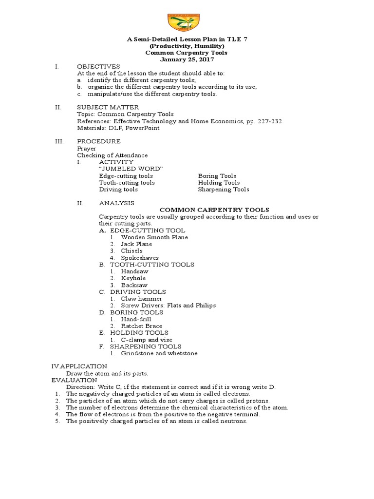 Common Carpentry Tools Lesson Plan | PDF | Electric Charge | Atoms