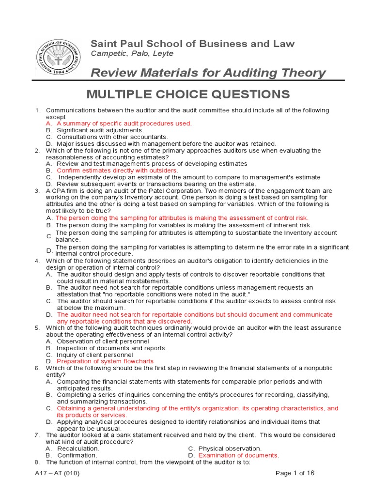 Review Materials For Auditing Theory: Multiple Choice Questions | PDF
