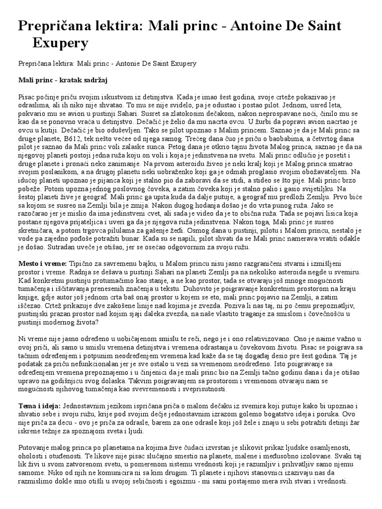 Prepričana Lektira Mali Princ