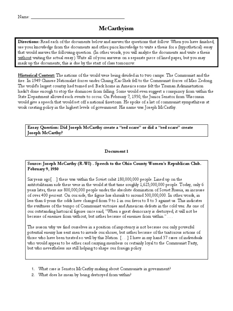 Mccarthyism DBQ | PDF | Joseph Mc Carthy | American Government