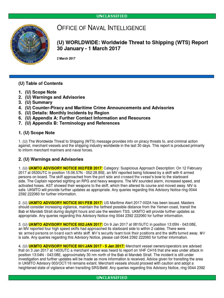 U.S. Navy Office of Naval Intelligence Worldwide Threat To Shipping ...