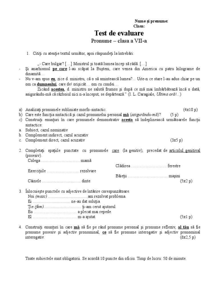 Test Clasa 7 Pronume | PDF