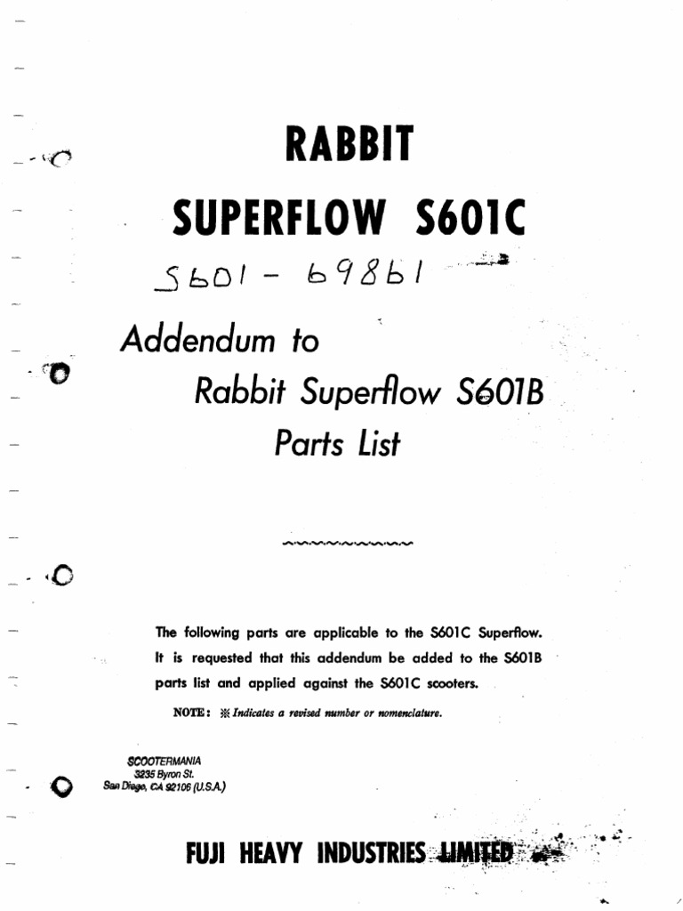 Fuji S601 Rabbit Scooter Illustrated Parts List Diagram Manual | PDF