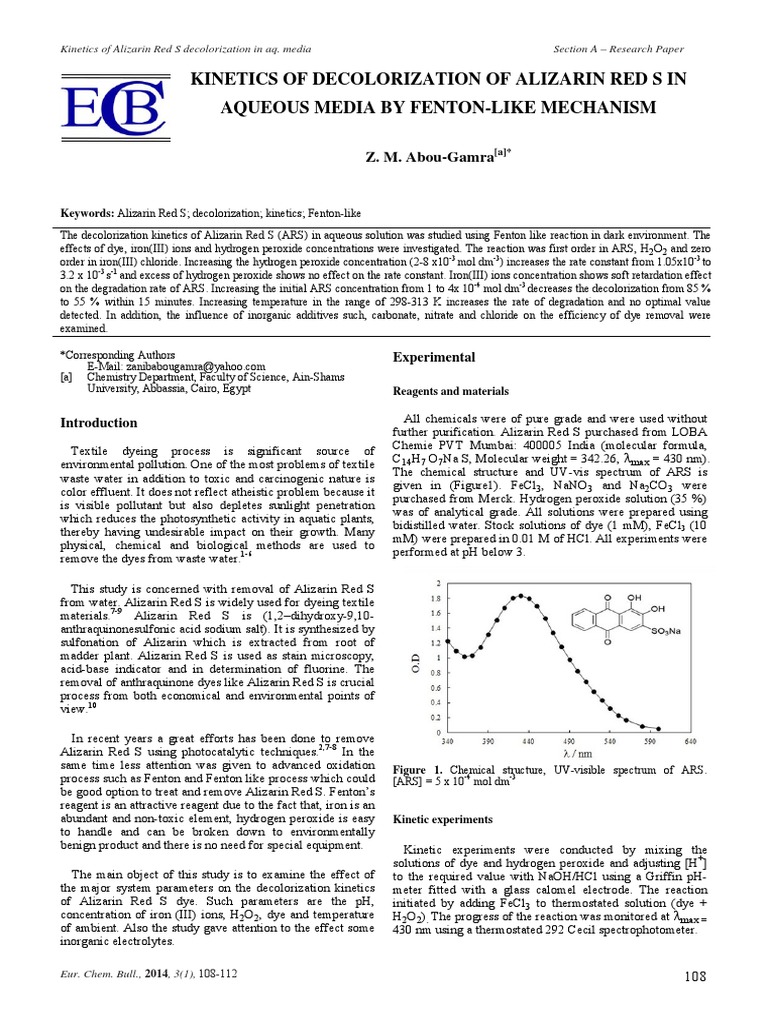 Alizarin Red S Decolorization Kinetics | PDF | Hydrogen Peroxide | Ph