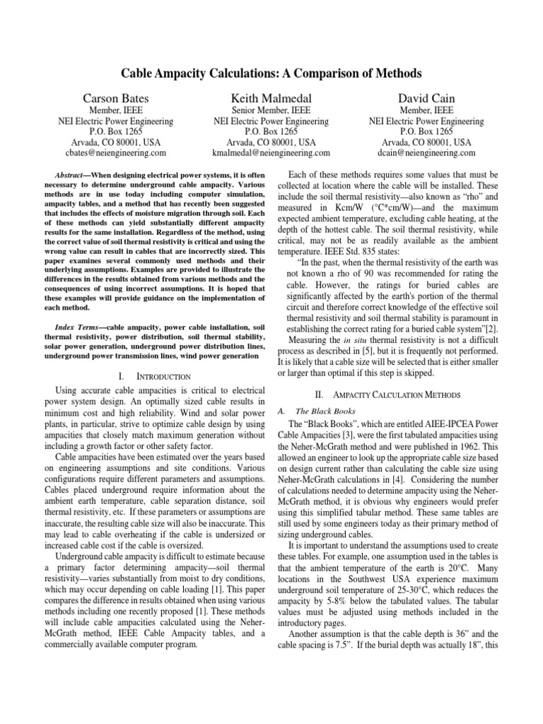 Cable Ampacity Calculations - A Comparison of Methods PDF | PDF ...