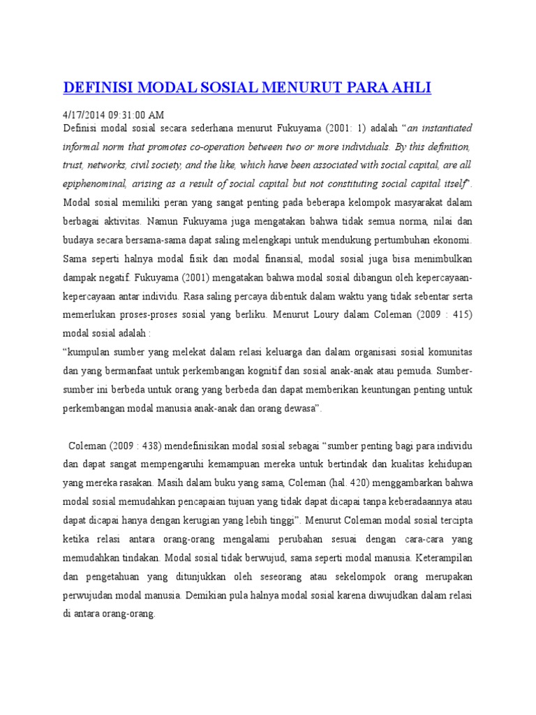 Definisi Modal Sosial Menurut para Ahli | PDF