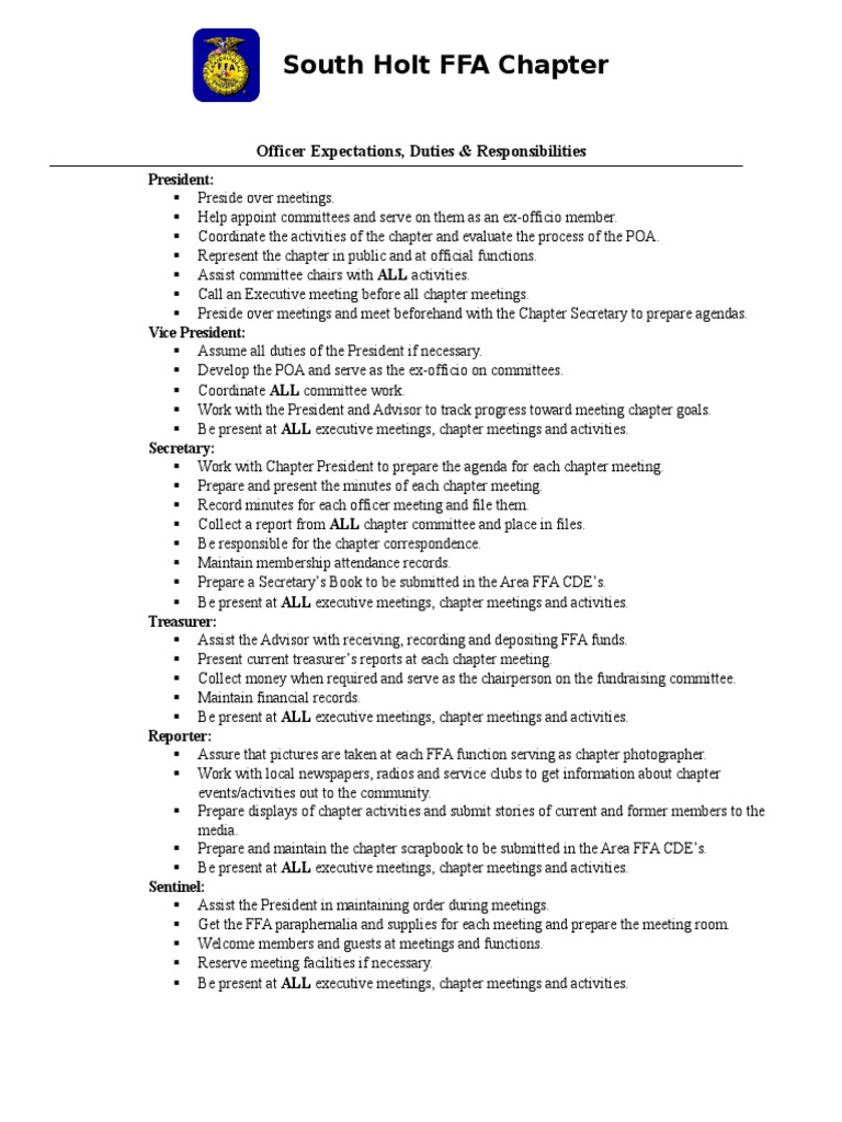 South Holt FFA Chapter: Officer Expectations, Duties & Responsibilities ...